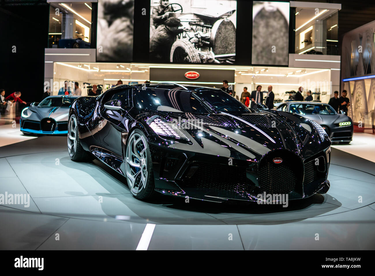 Geneva, Switzerland, March 07, 2019: metallic black Bugatti La Voiture ...
