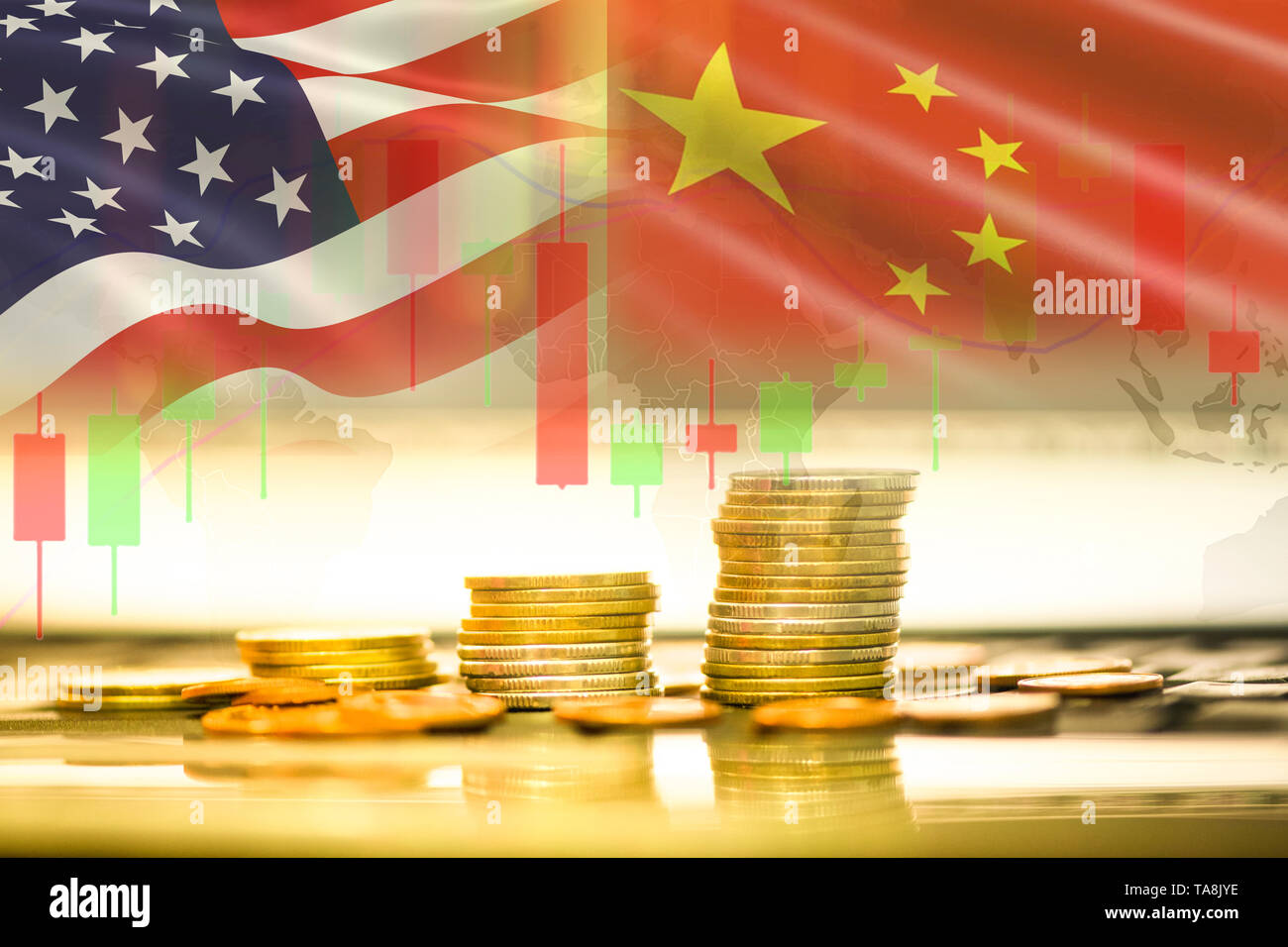 Trade war economy USA America and China flag candlestick graph ...