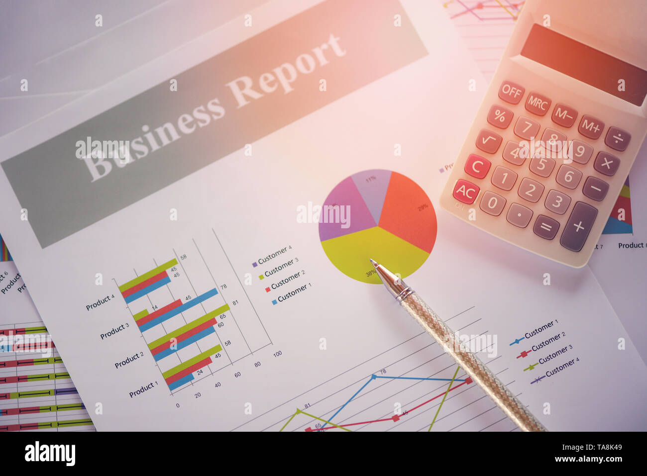 Business report chart preparing graphs calculator concept / Summary ...