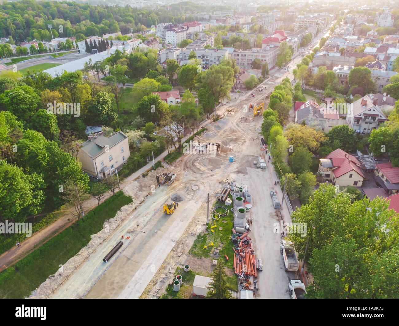 aerial view of construction site. street development. sunset Stock ...
