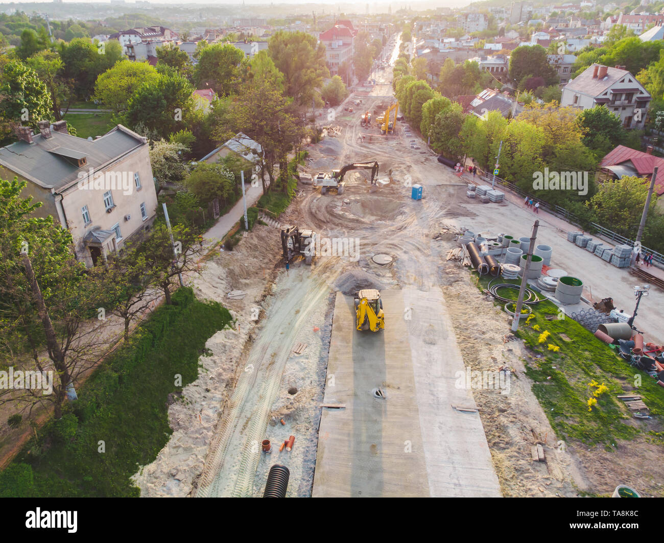 aerial view of construction site. street development. sunset Stock ...