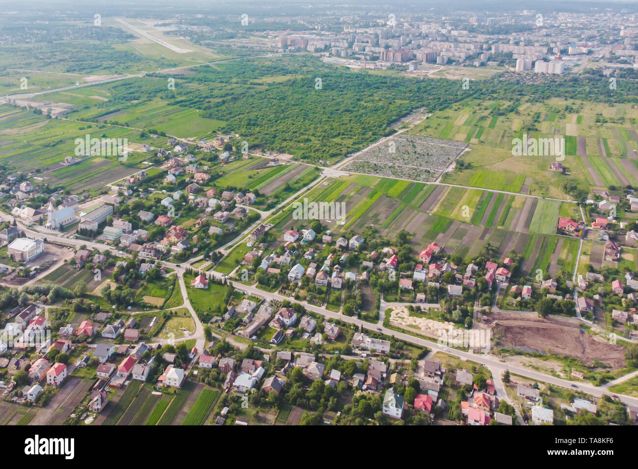 aerial view of fields with village near it. summer landscape Stock ...
