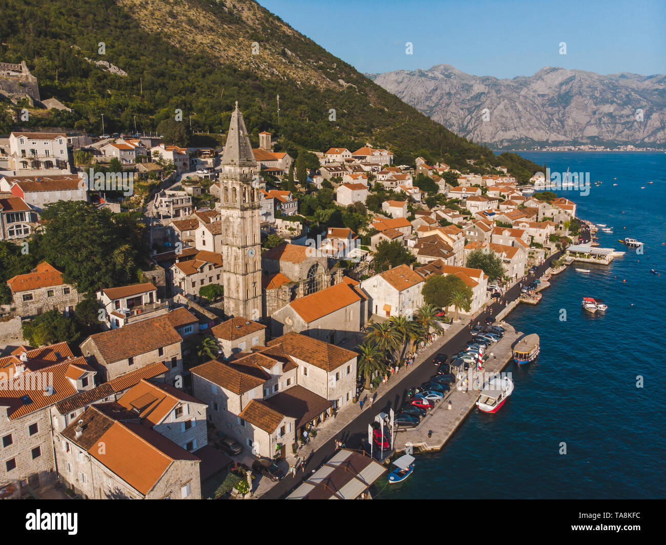 aerial view of perast city in montenegro. summer time Stock Photo - Alamy