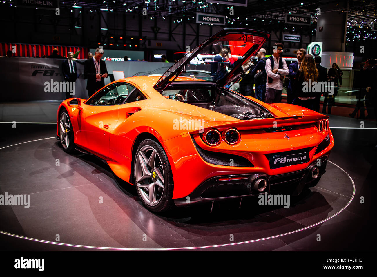 Geneva, Switzerland, March 05, 2019: metallic red Ferrari F8 Tributo at ...