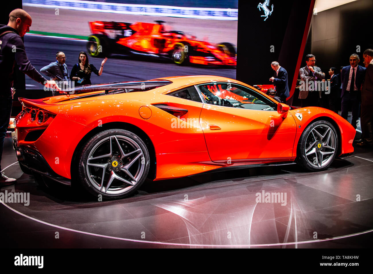 Geneva, Switzerland, March 05, 2019: metallic red Ferrari F8 Tributo at ...