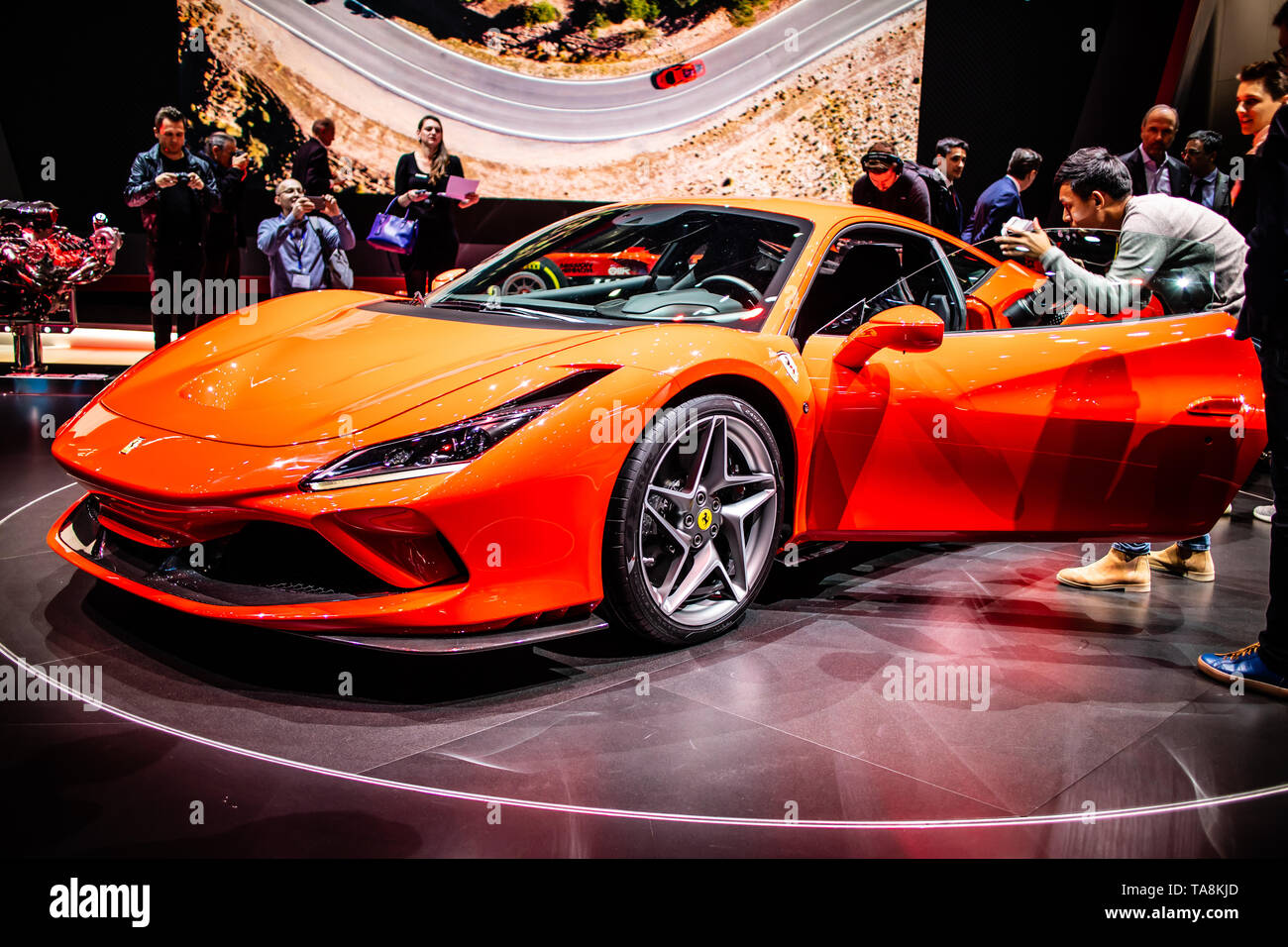 Geneva, Switzerland, March 05, 2019: metallic red Ferrari F8 Tributo at ...