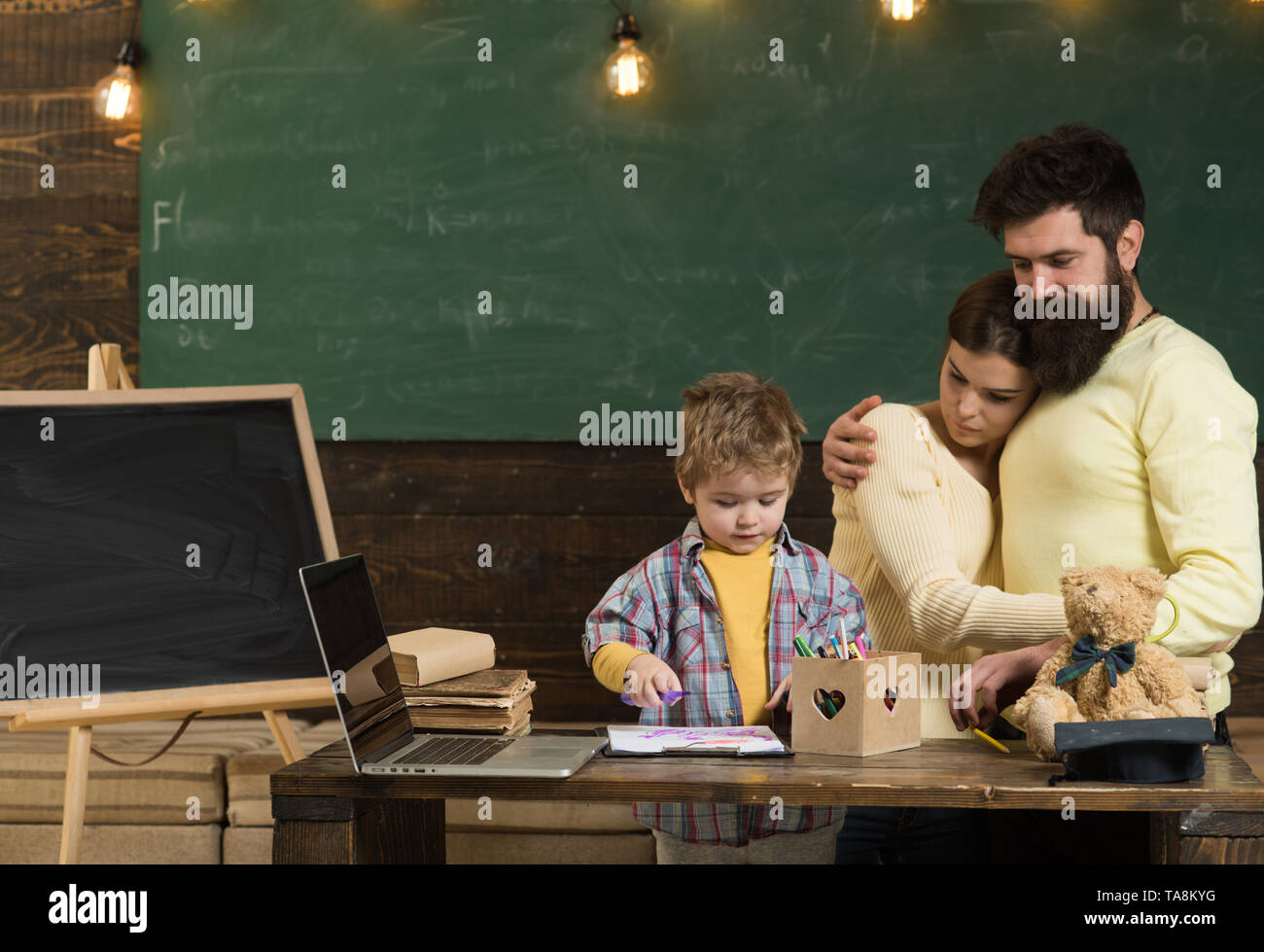 Private school concept. Child learn drawing in private school. Kid have ...