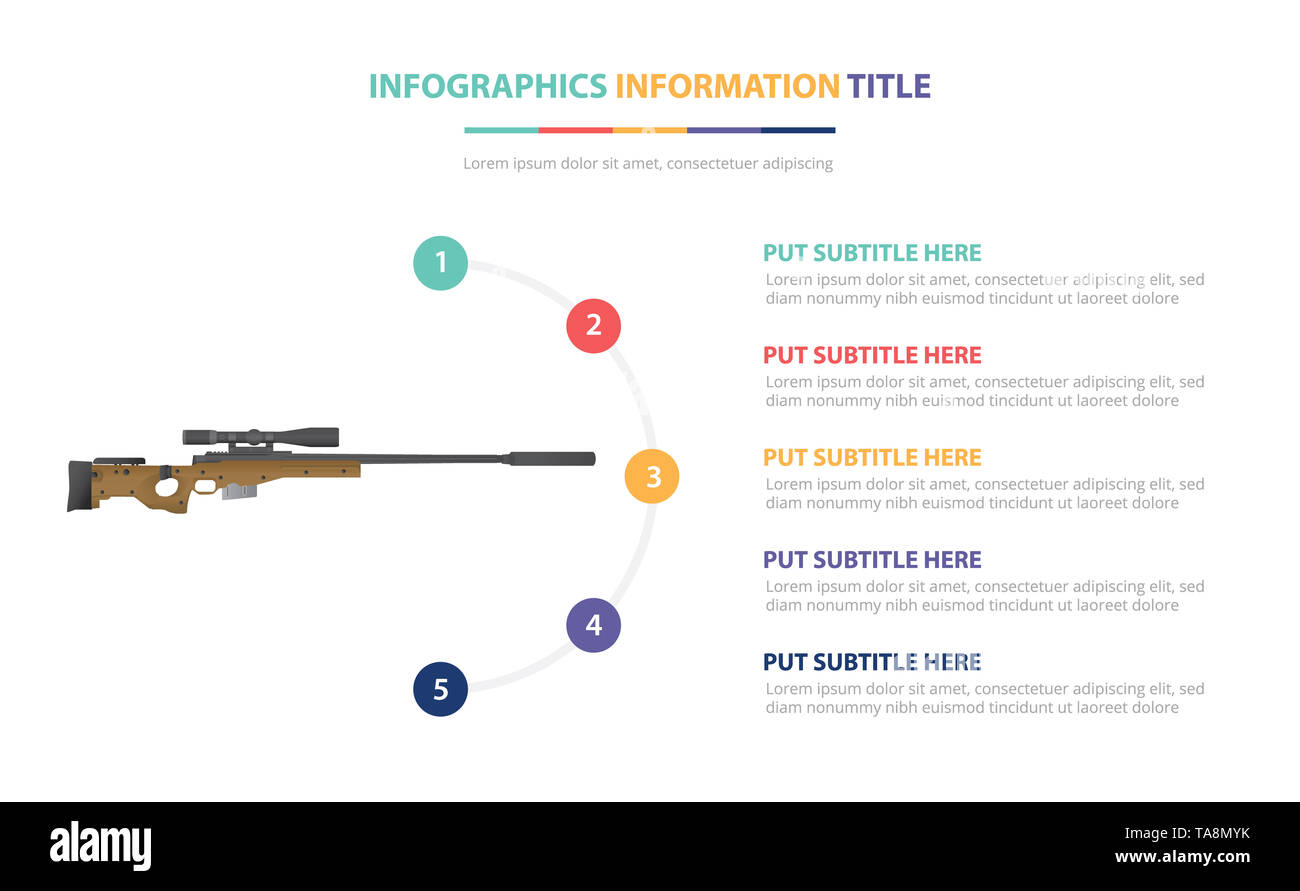 sniper riffle infographic template concept with five points list and ...