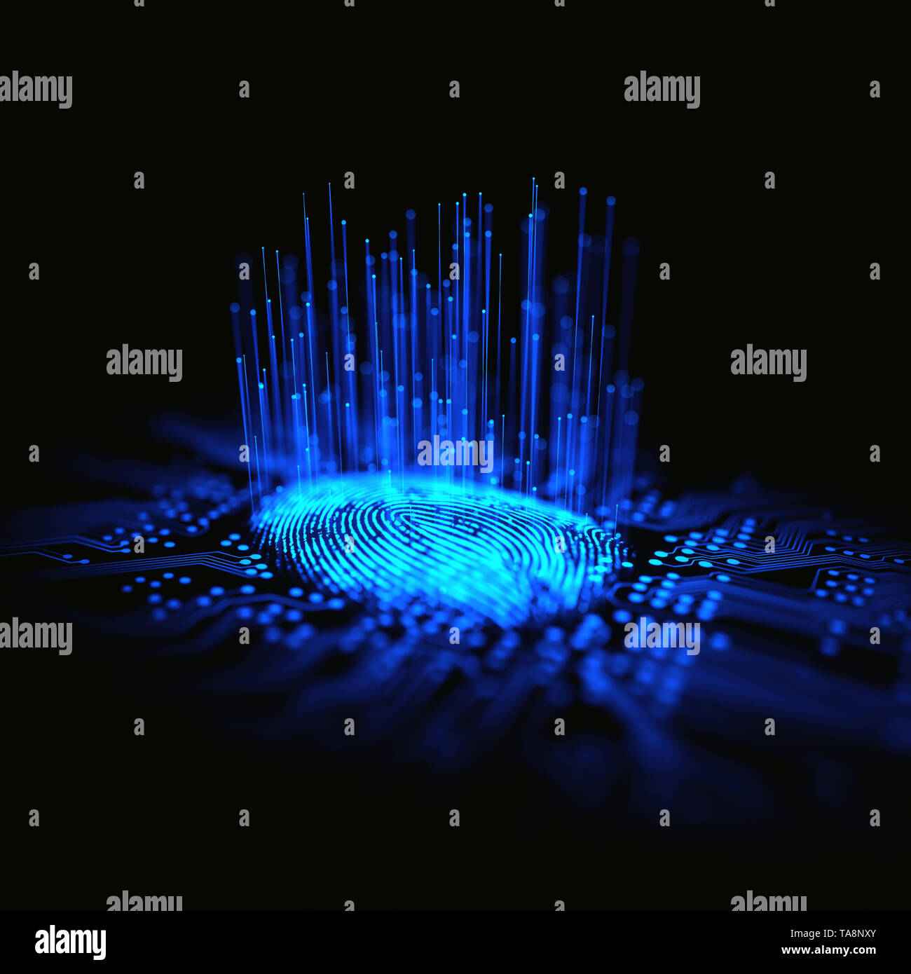 3D illustration. Fingerprint integrated in a printed circuit, releasing ...