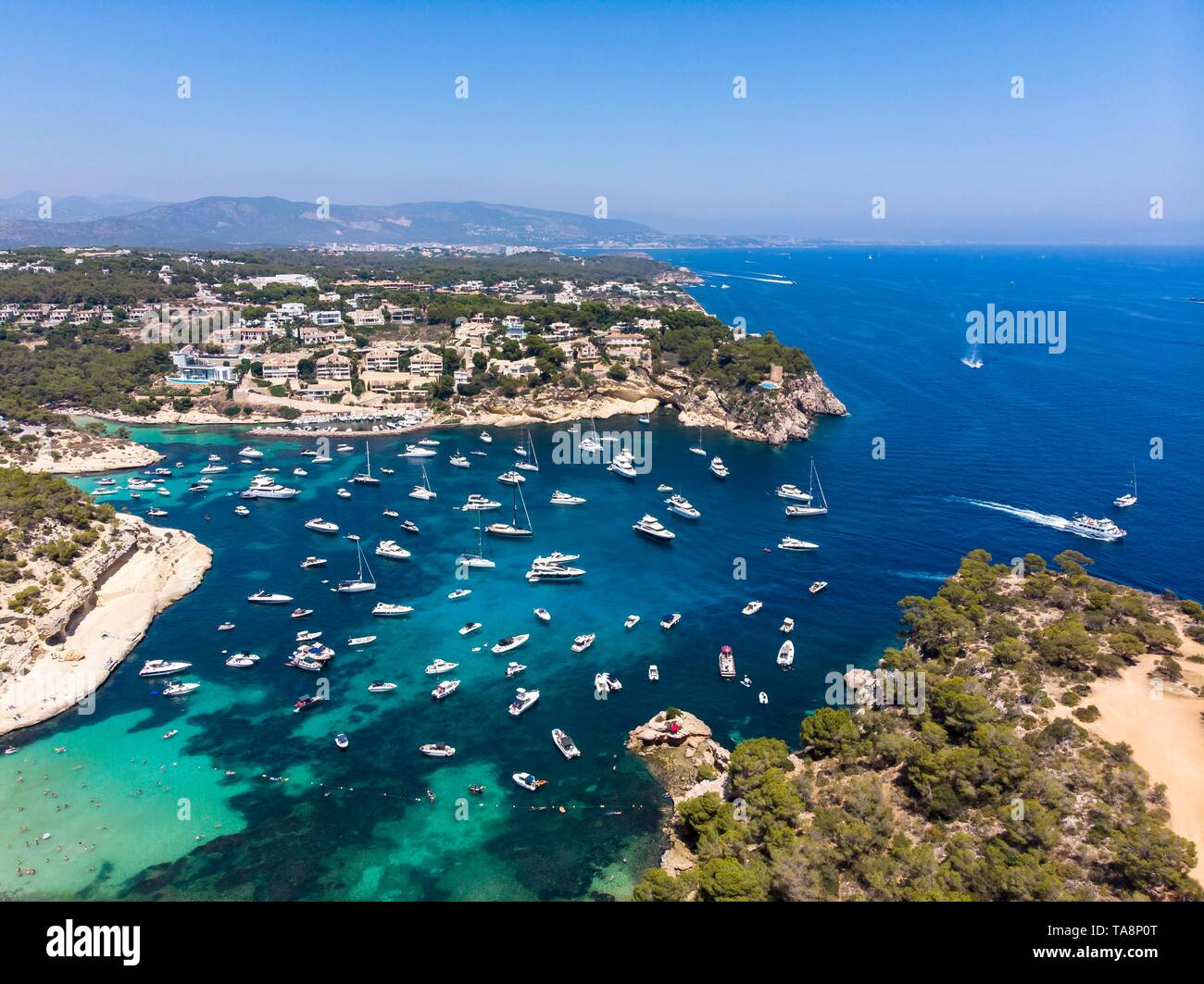 Aerial view, view over the Three Finger Bay of Portals Vells, Majorca ...