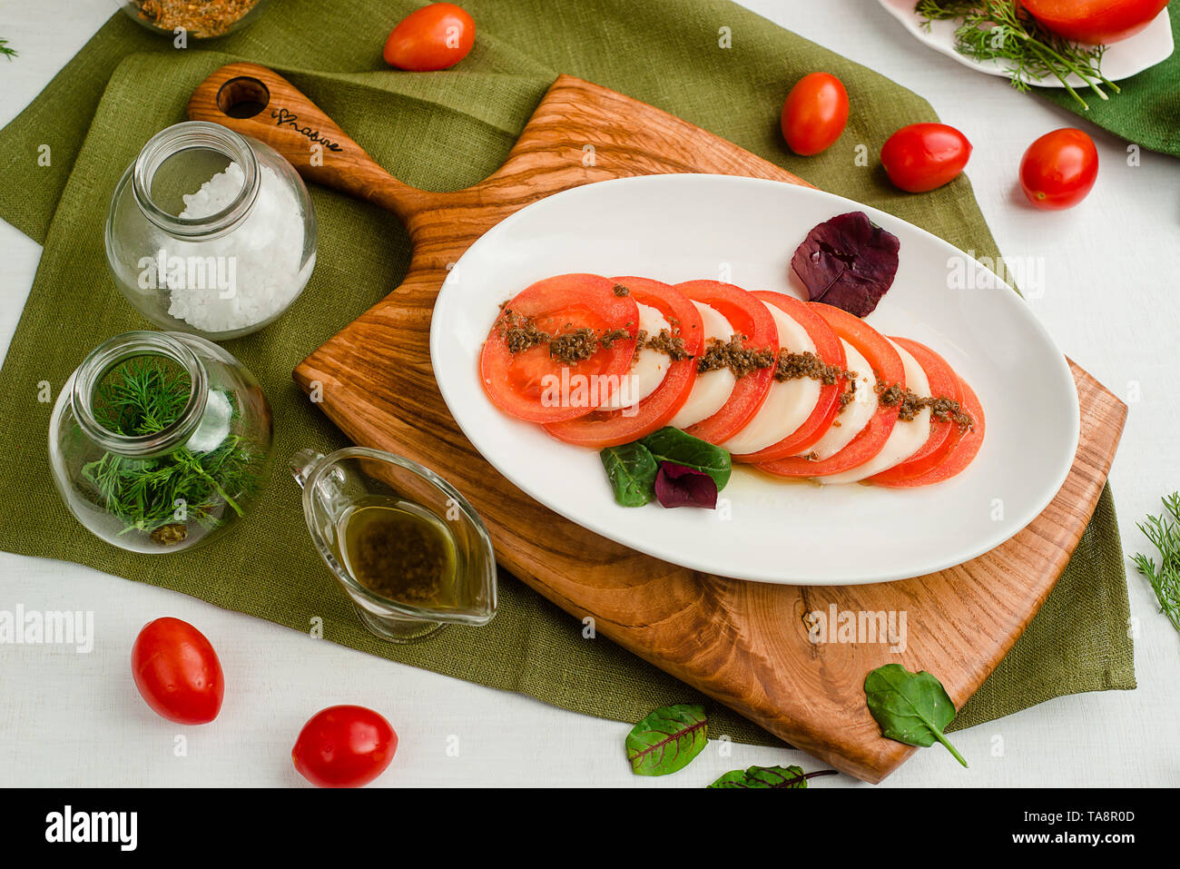 Caprese with tomato, cheese, and balsamic sauce. Menu for a cafe with ...