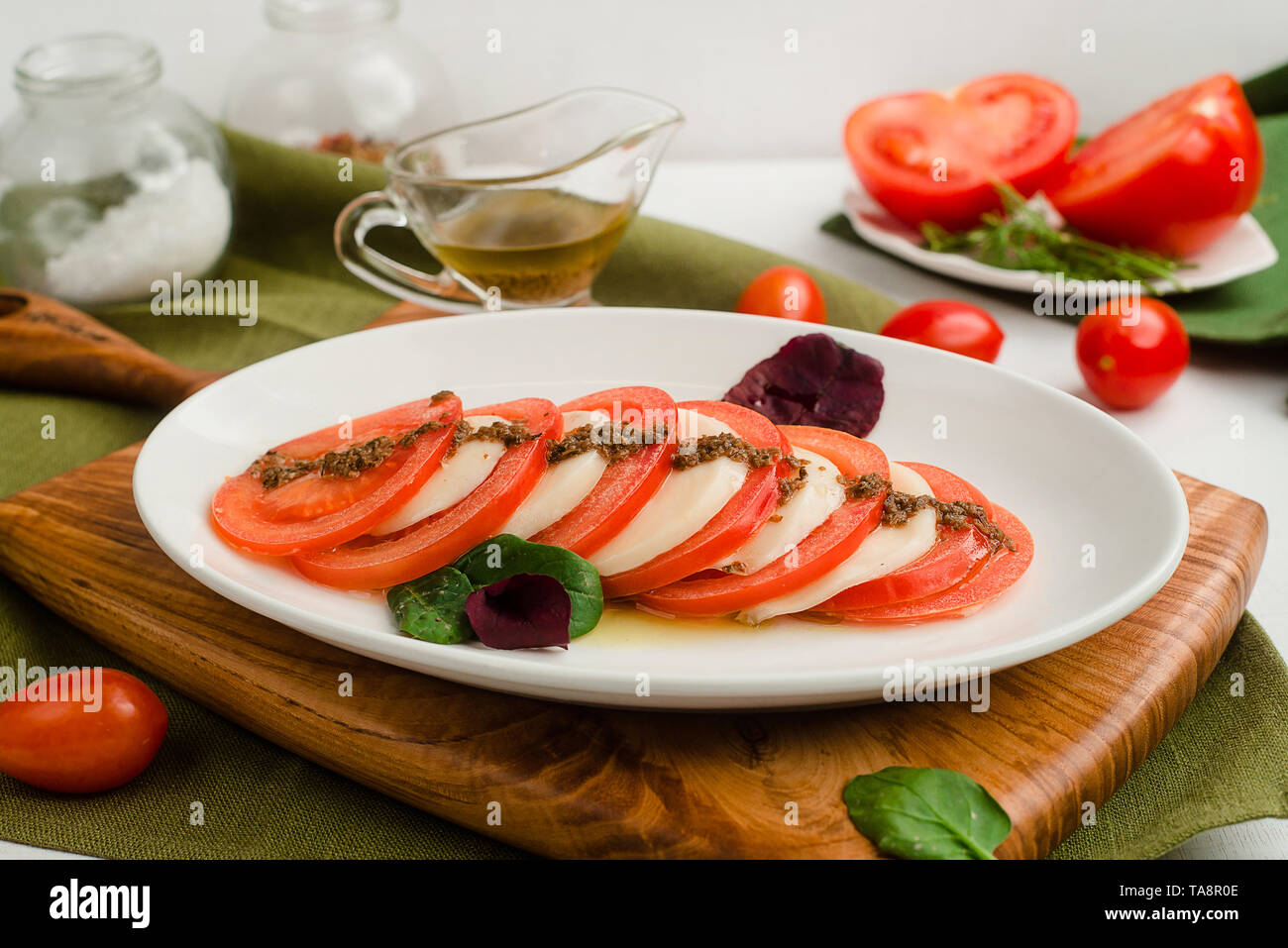 Caprese with tomato, cheese, and balsamic sauce. Menu for a cafe with ...