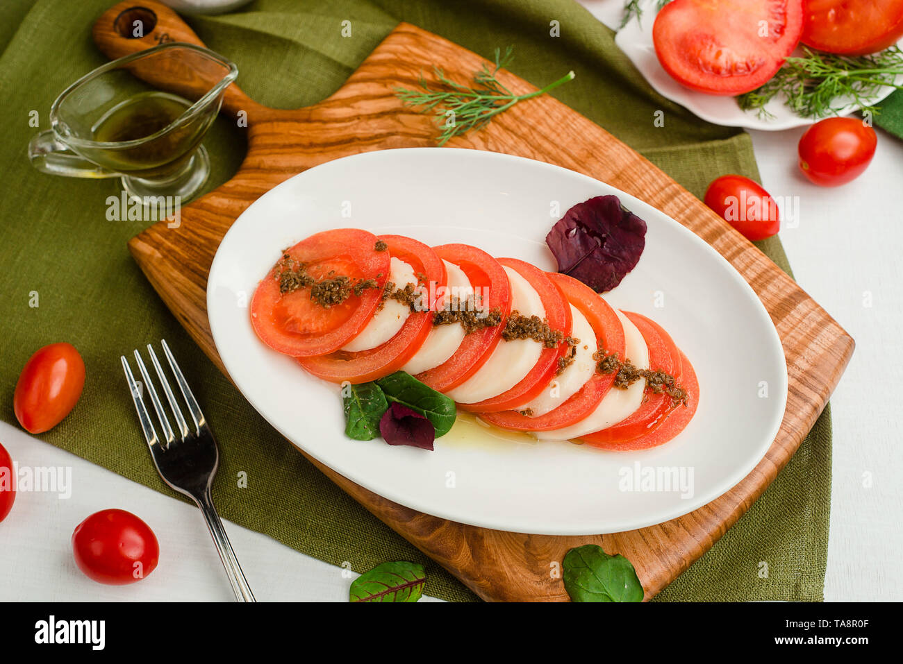 Caprese with tomato, cheese, and balsamic sauce. Menu for a cafe with ...