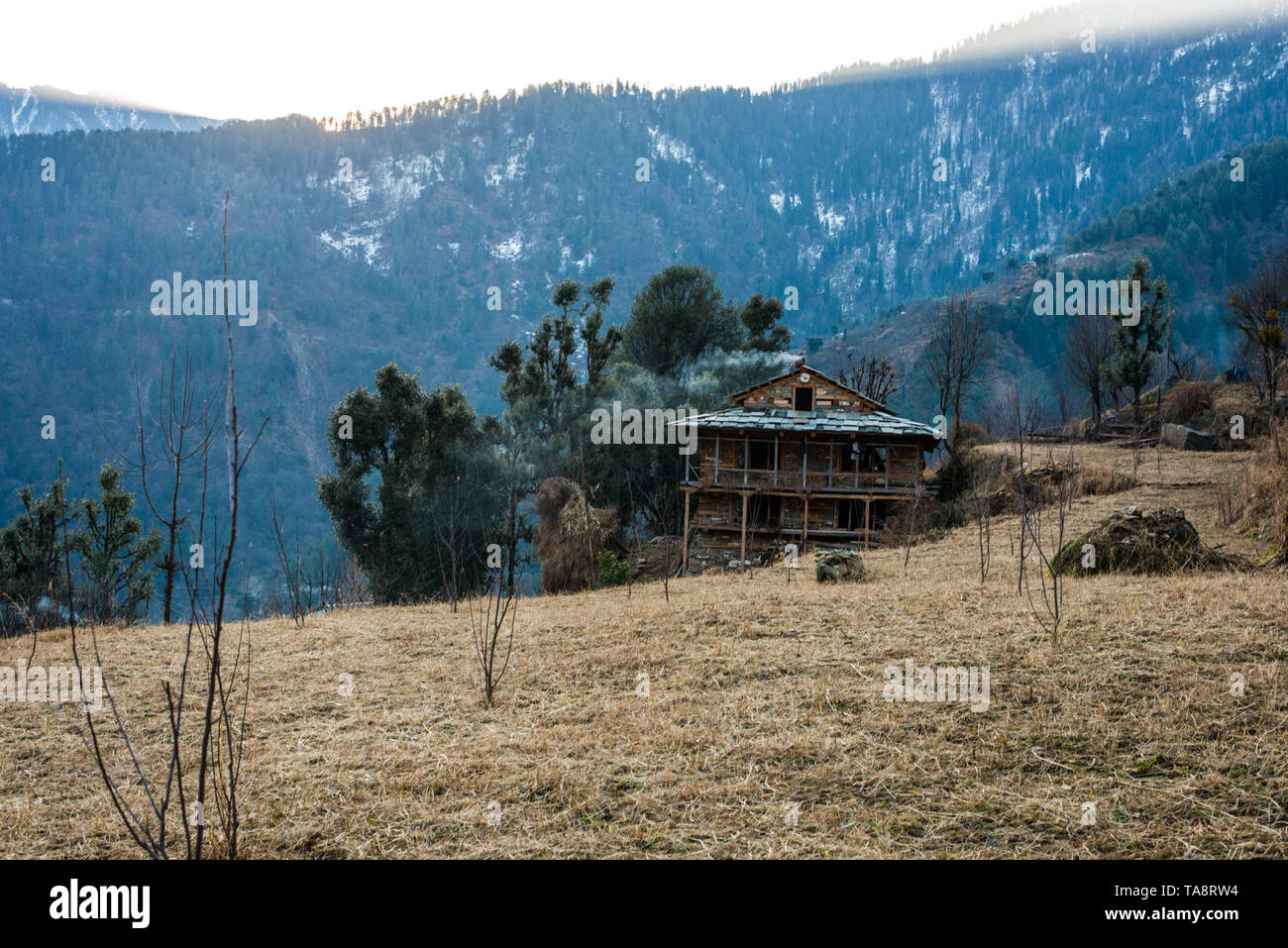 Typical wooden alpine house in himachal in himalayas - India Stock ...