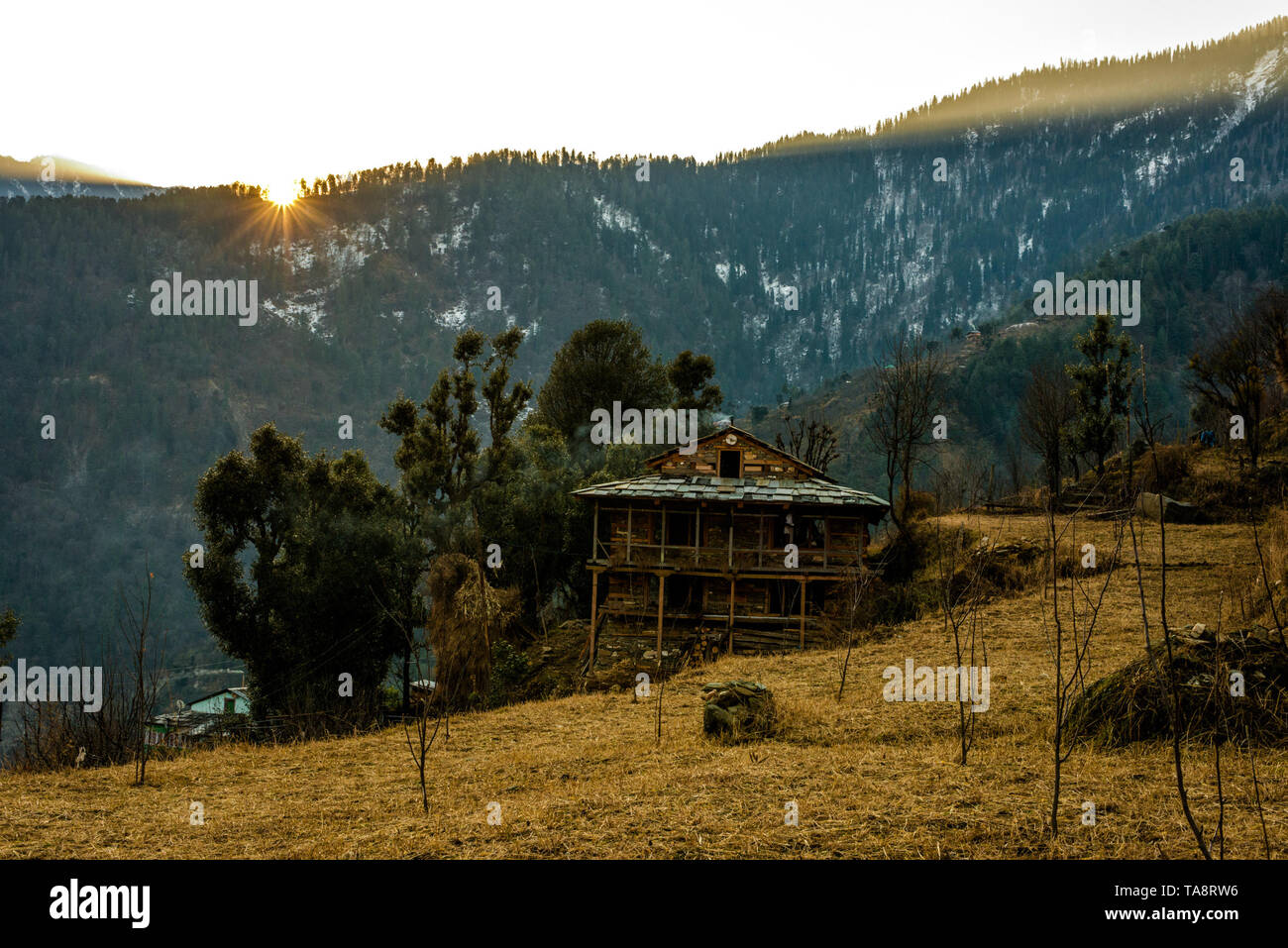 Typical wooden alpine house in himachal in himalayas - India Stock ...