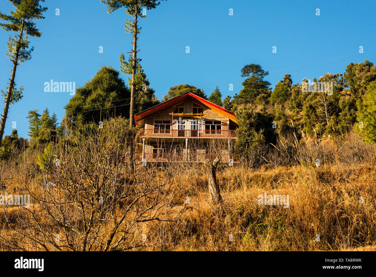 Typical wooden alpine house in himachal in himalayas - India Stock ...