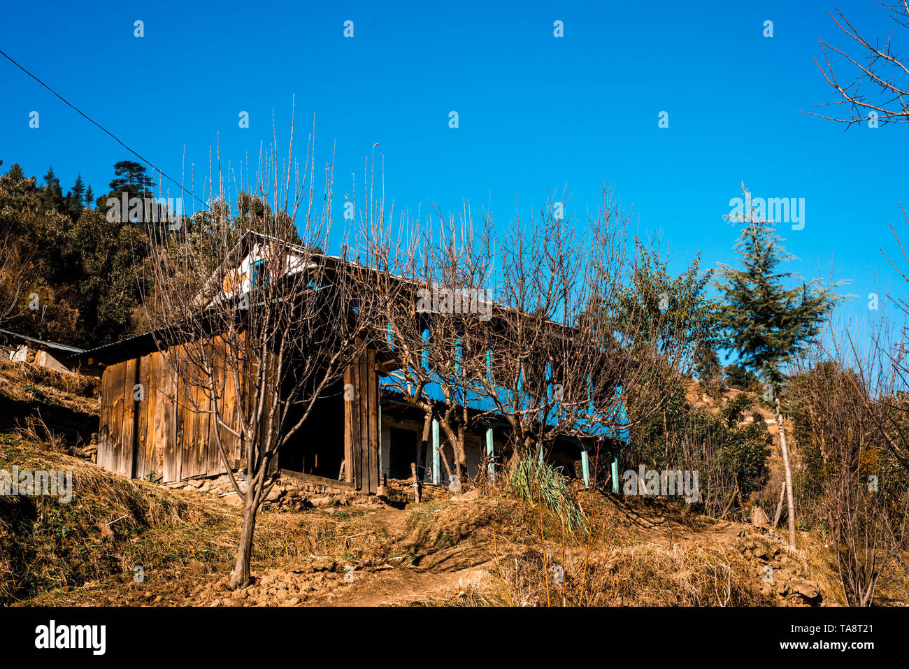 Typical wooden alpine house in himachal in himalayas - India Stock ...