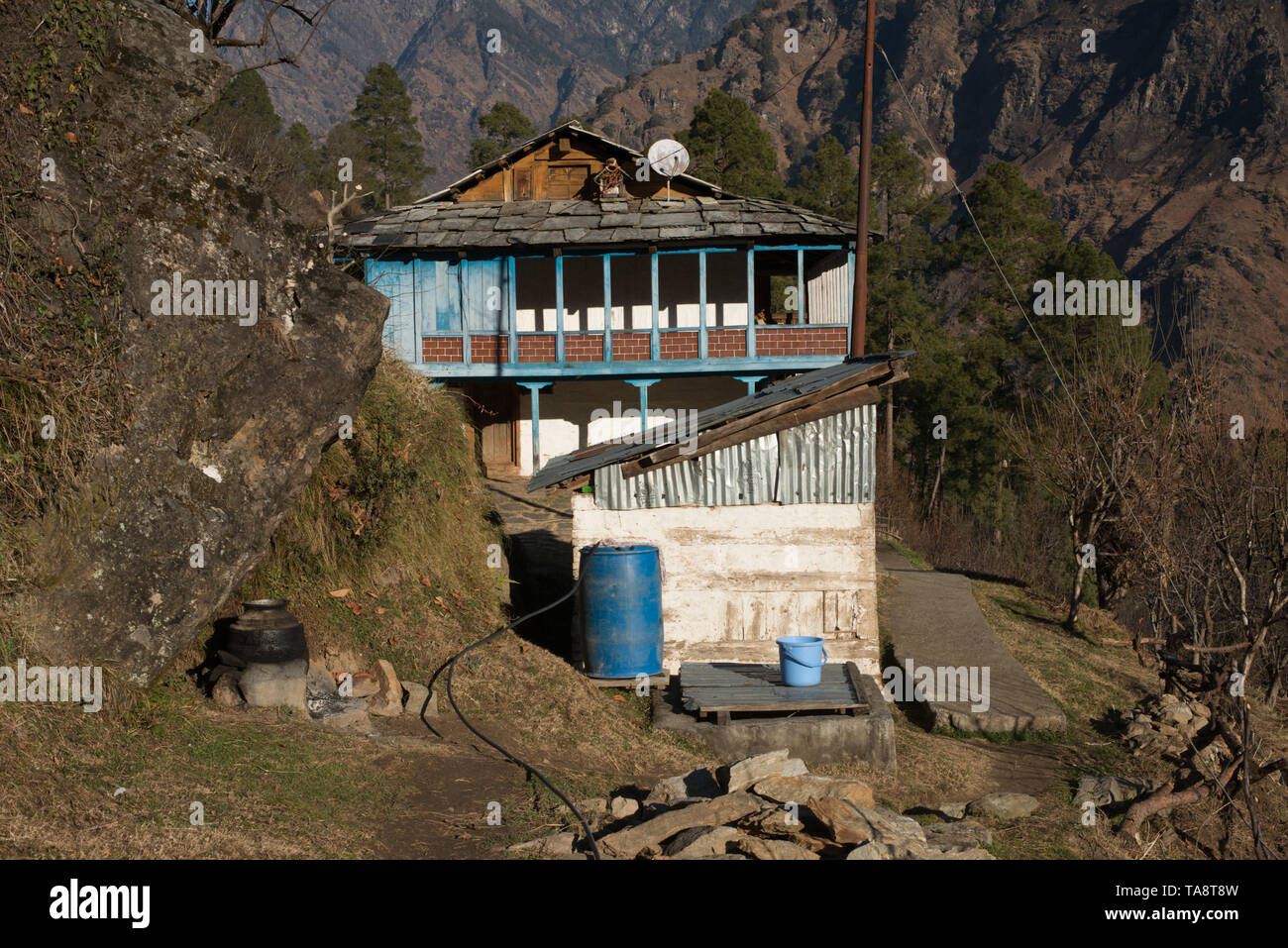 Typical wooden alpine house in himachal in himalayas - India Stock ...