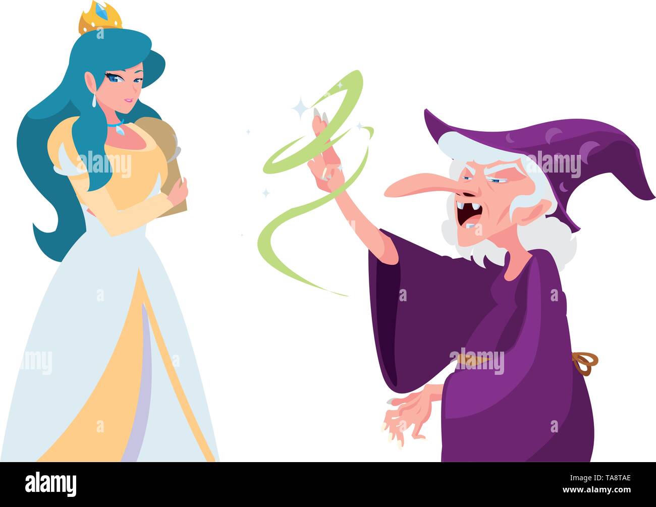 beautiful princess with witch of tales characters vector illustration ...