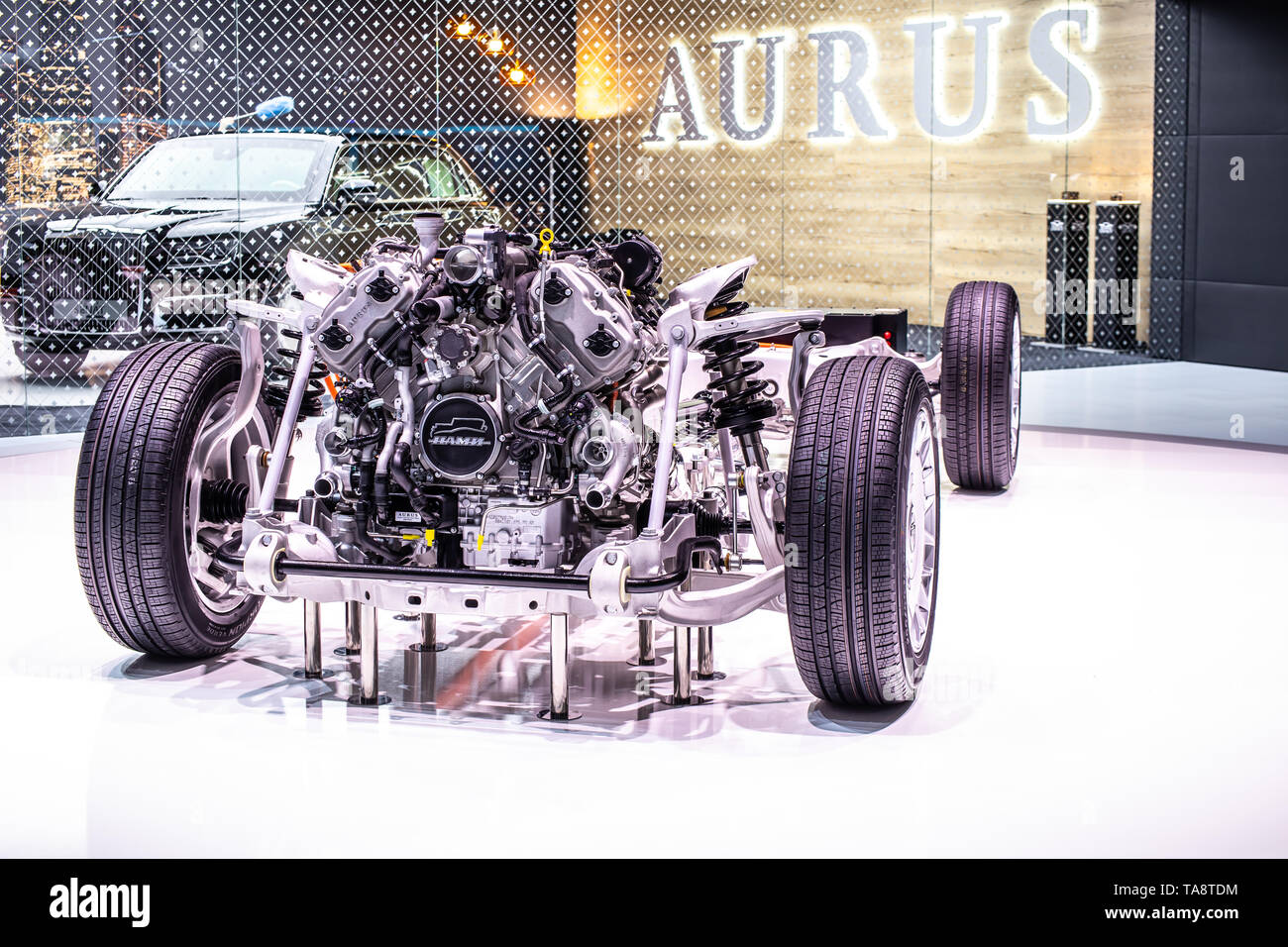 Geneva, Switzerland, March 06, 2019 cross section of Aurus Senat car at ...