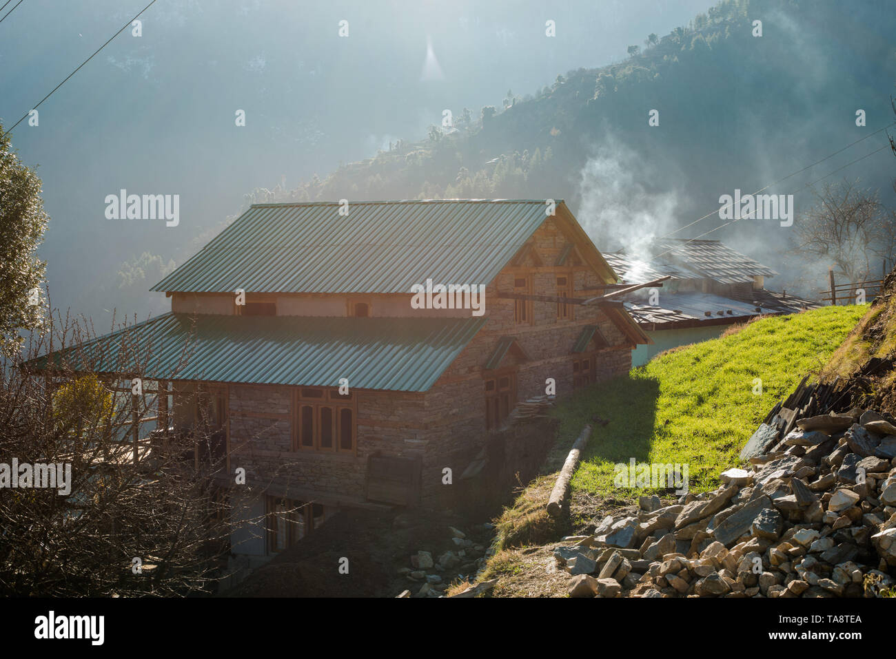 Typical wooden alpine house in himachal in himalayas - India Stock ...