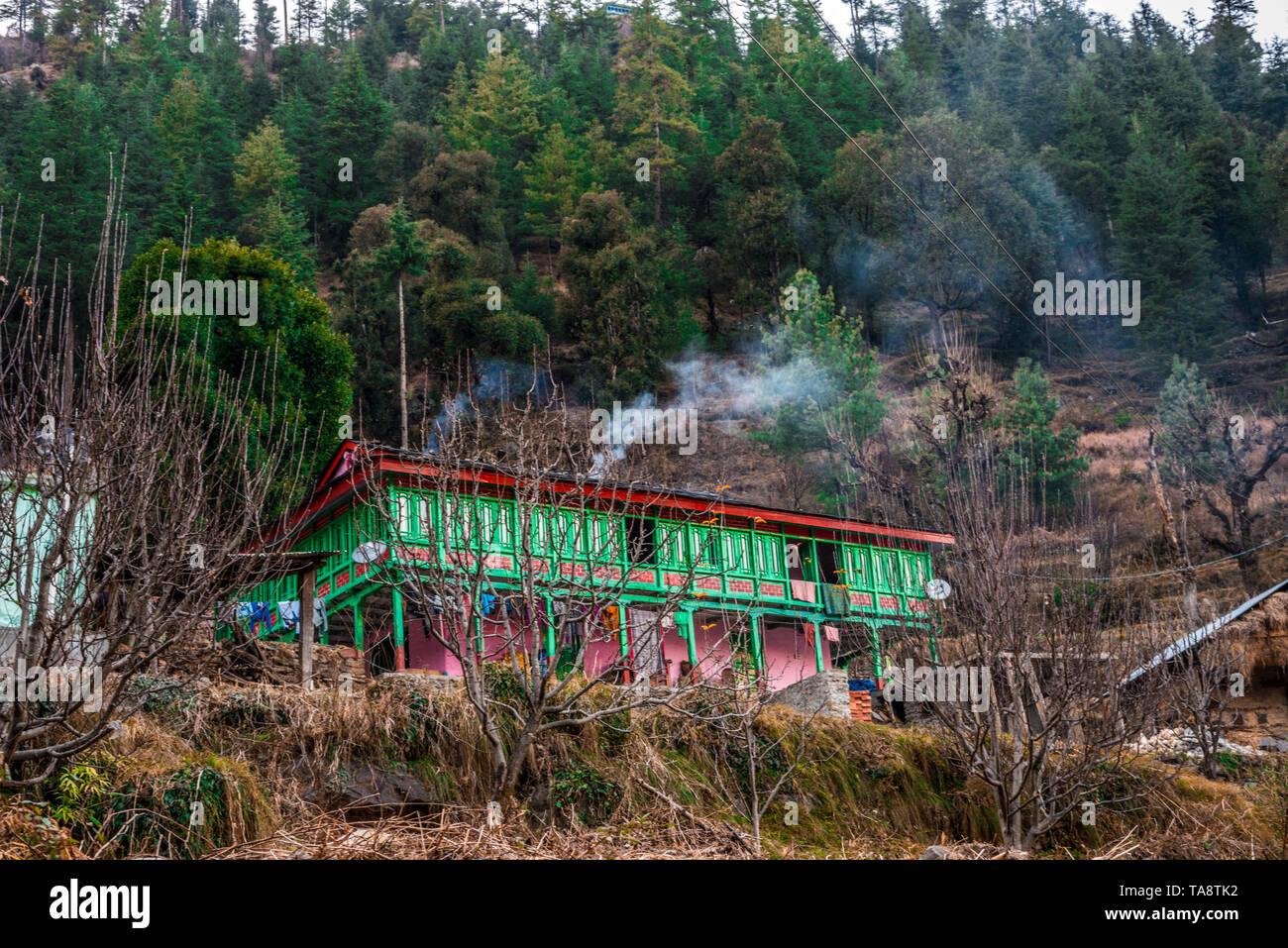 Typical wooden alpine house in himachal in himalayas - India Stock ...