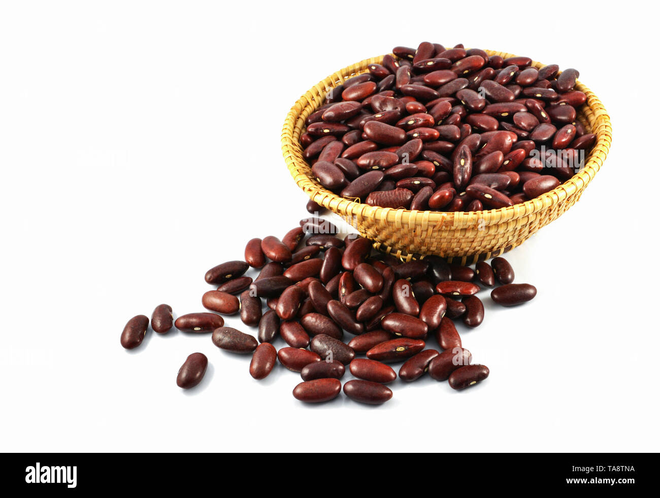 Red bean or red kidney bean grain seed in basket isolated on white ...