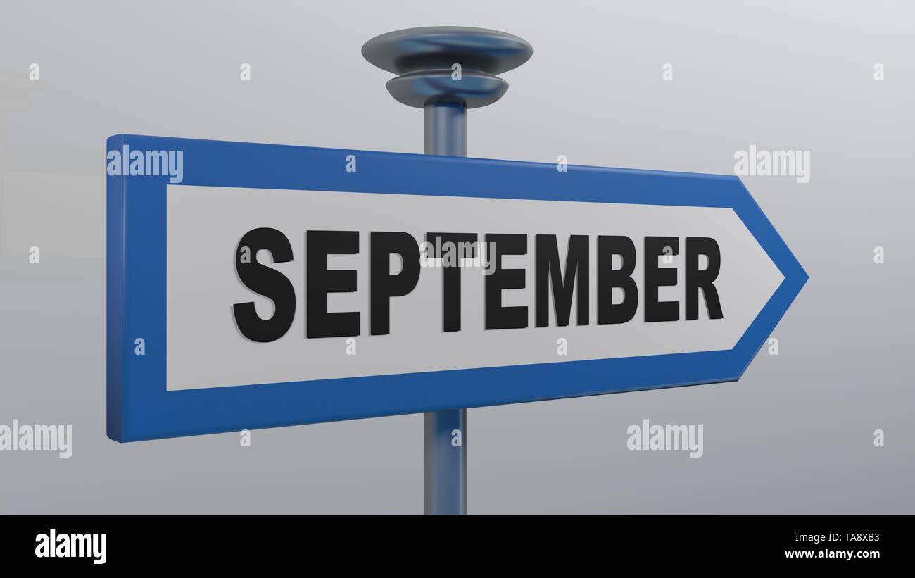 SEPTEMBER blue arrow street sign - 3D rendering illustration Stock ...