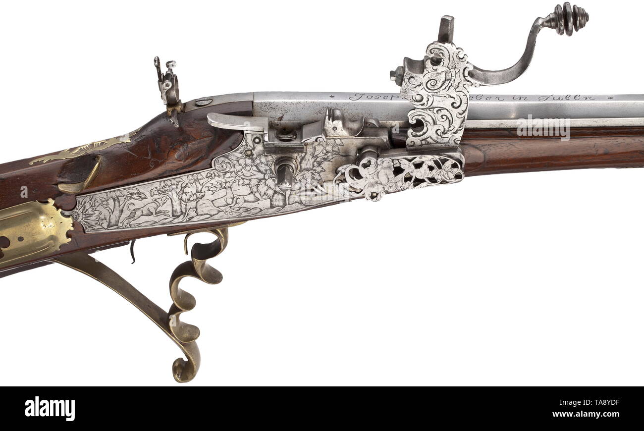 A wheellock rifle, Joseph Gruber, Tulln, circa 1730 Rifled bore in 14 ...