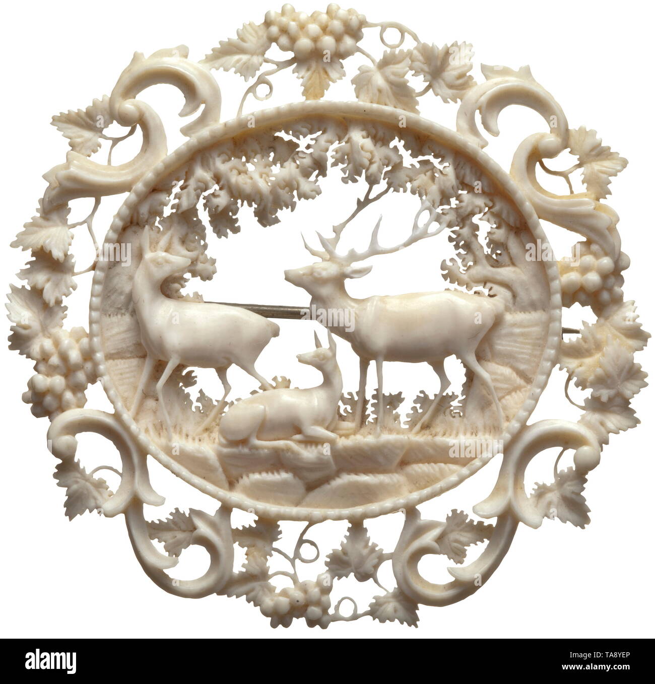 A German ivory brooch with micro-carved hunting scene, 19th century ...
