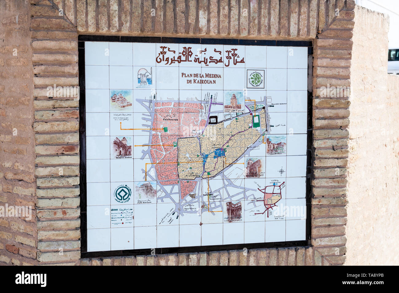 KAIROUAN, TUNISIA-CIRCA MAY, 2012: Mosaic map of medina of the Kairouan ...
