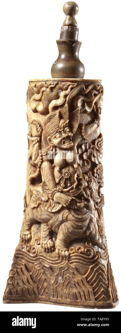 A Chinese carved powder flask, 19th century Bone flask with continuous ...