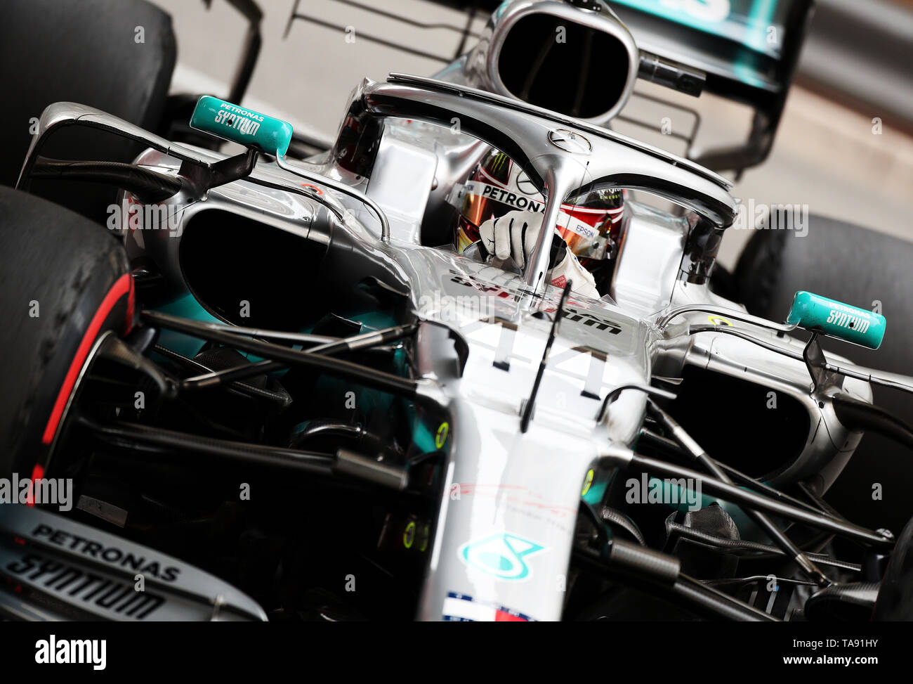 Mercedes' Lewis Hamilton passes the Mirabeau Haute corner during first ...