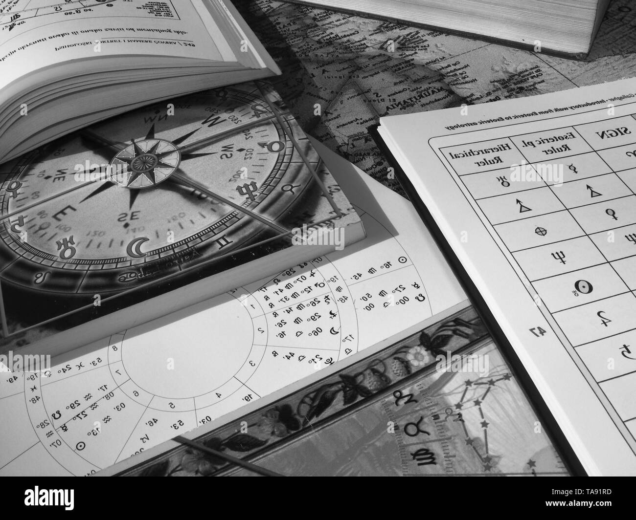 Astrology books and natal chart, with hourglass Stock Photo - Alamy