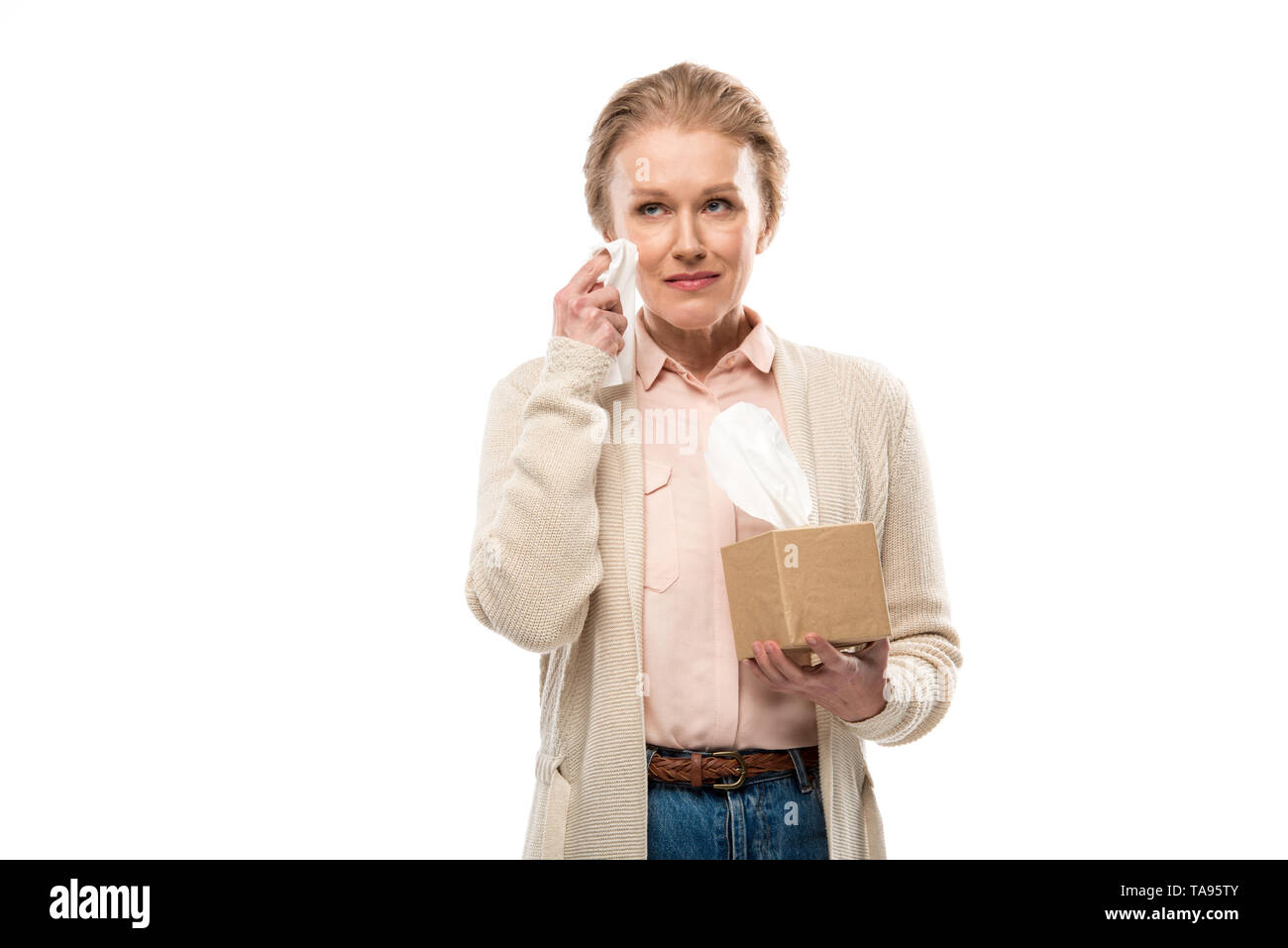 Woman crying box tissues hi-res stock photography and images - Alamy