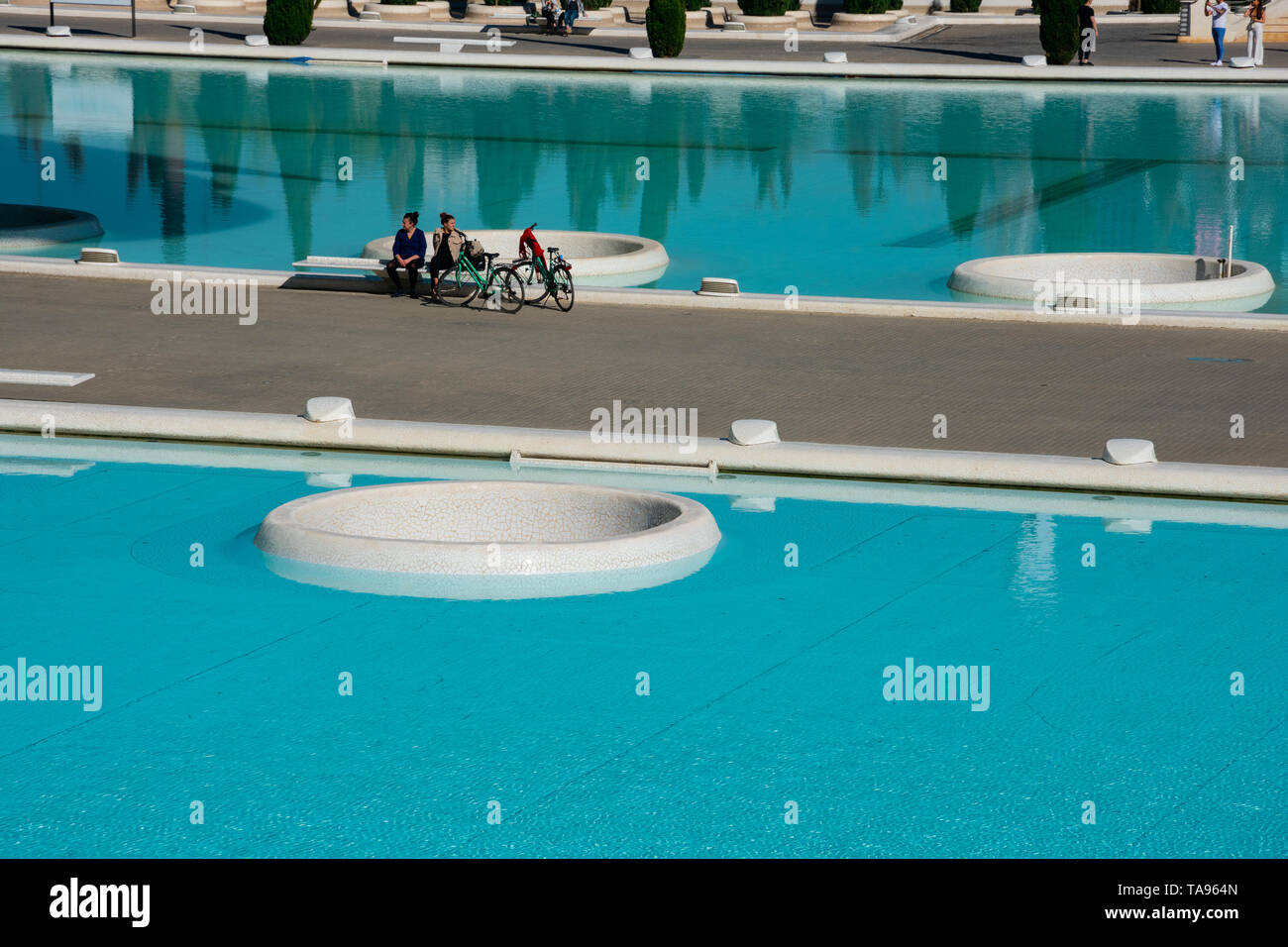 Valencia, Spain. February 6, 2019. Light blue water pool. City of Arts ...