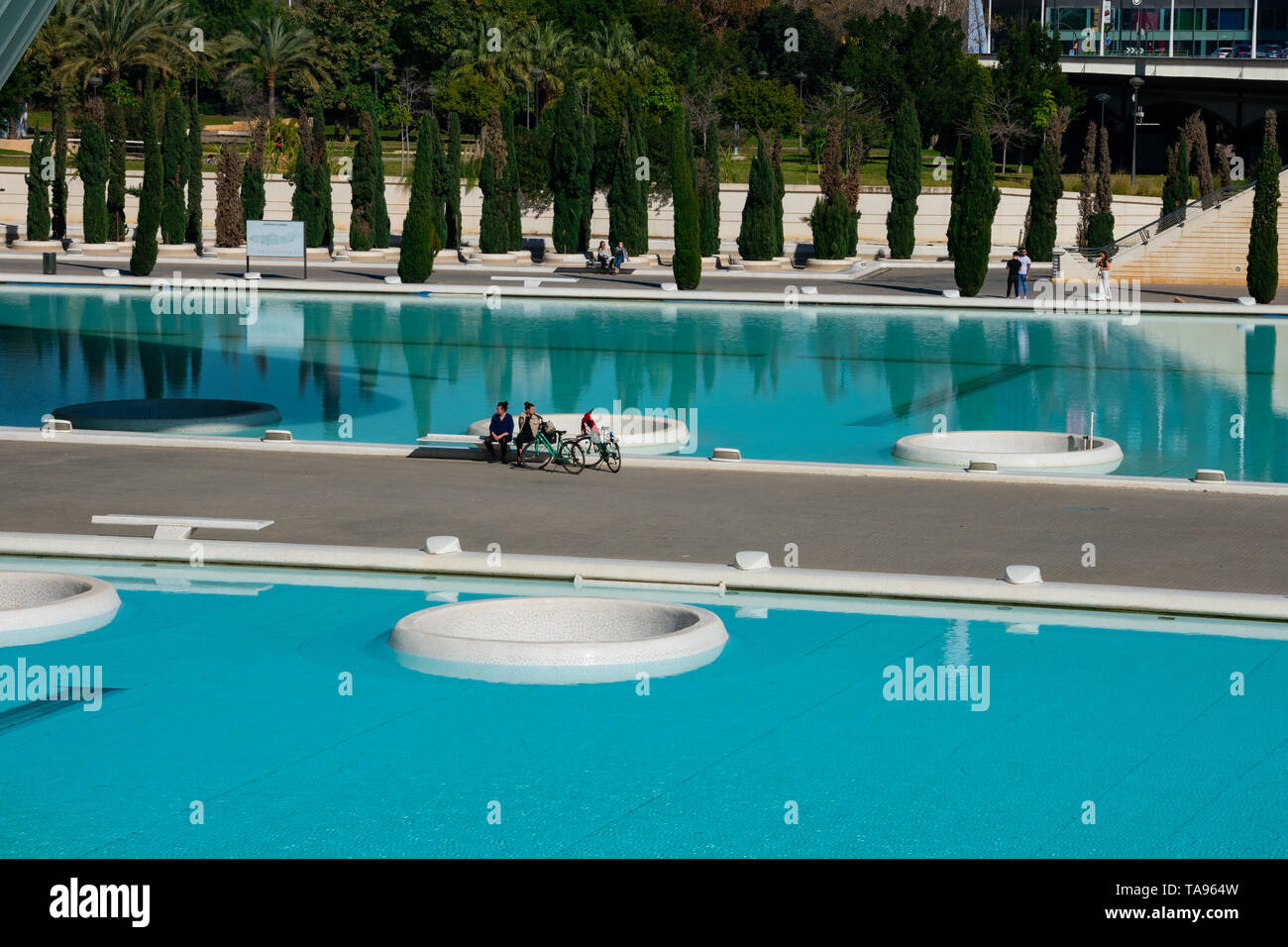 Valencia, Spain. February 6, 2019. Light blue water pool. City of Arts ...