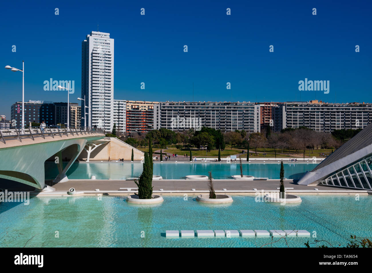Valencia, Spain. February 6, 2019. Light blue water pools. City of Arts ...