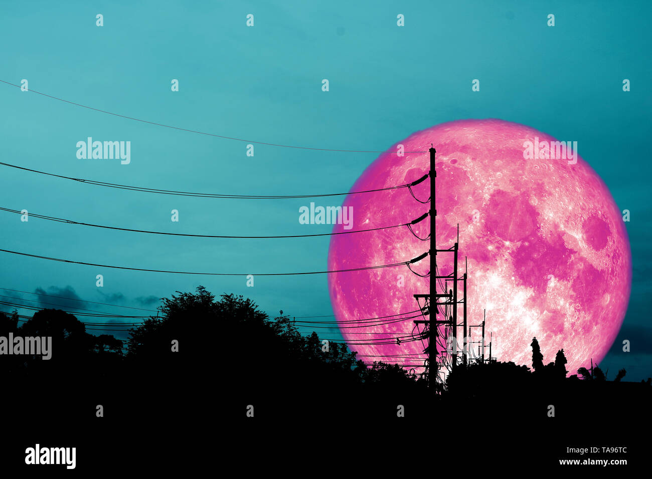super pink moon floats in the sky above the shadow of an electric pole ...