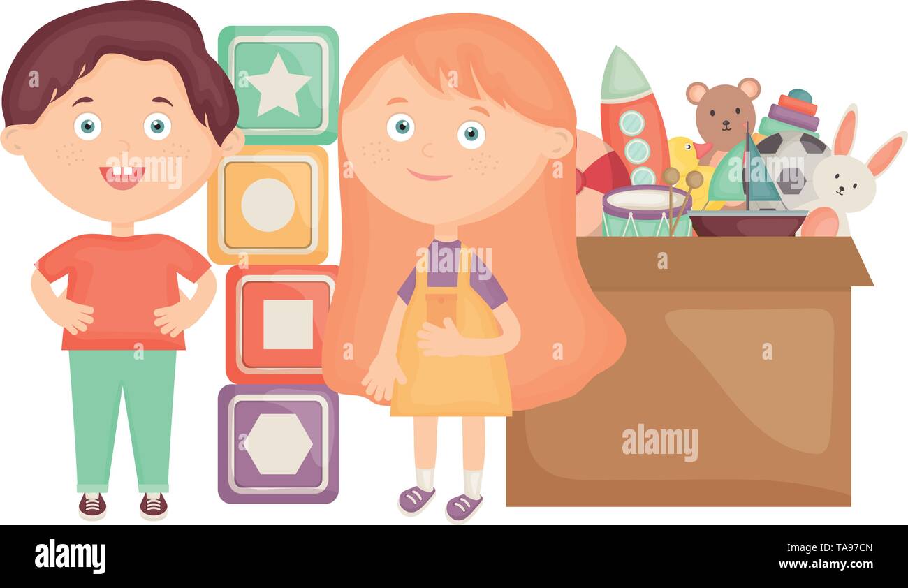 cute little kids couple with toys box vector illustration design Stock ...