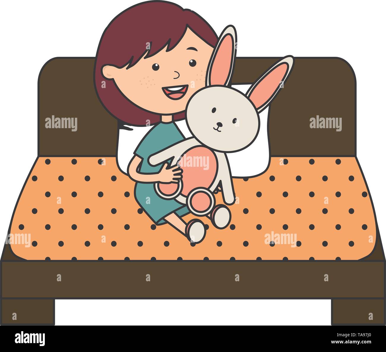 cute little girl with rabbit stuffed in the bed vector illustration ...
