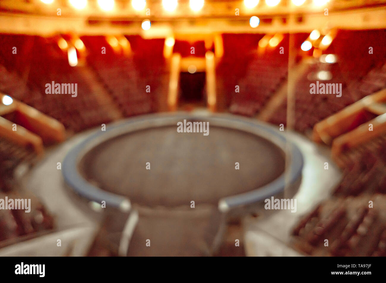 Interior of circus - arena with effect of fog and rows of chairs for ...