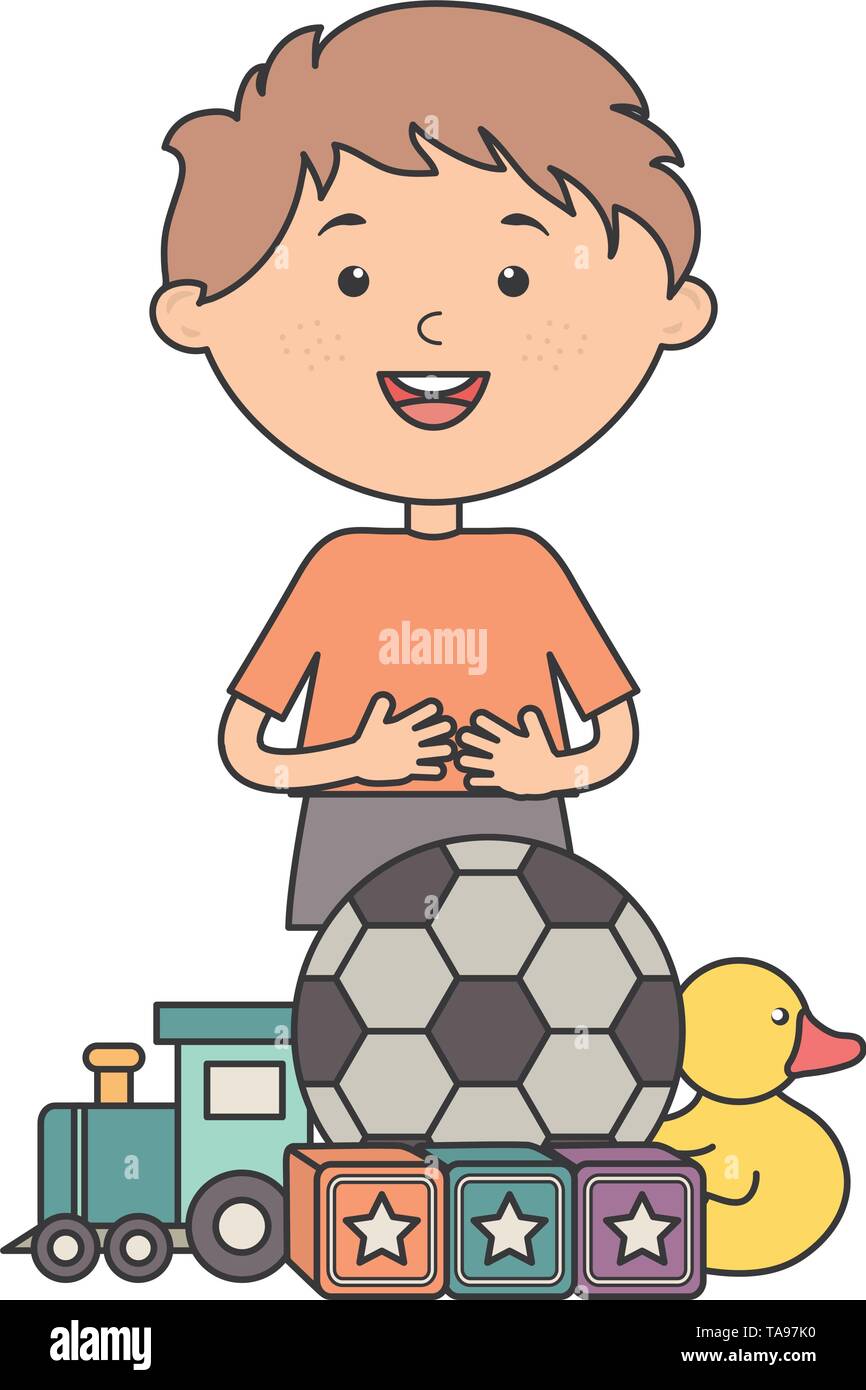 cute little boy with soccer ball and toys vector illustration design ...