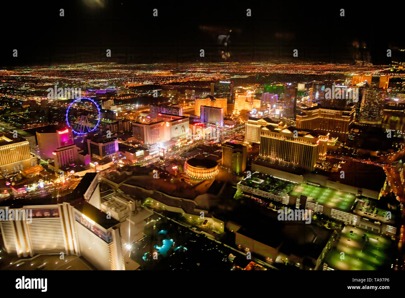 LAS VEGAS, NV - JUNE 29, 2018: Aerial night view of city streets. Las ...