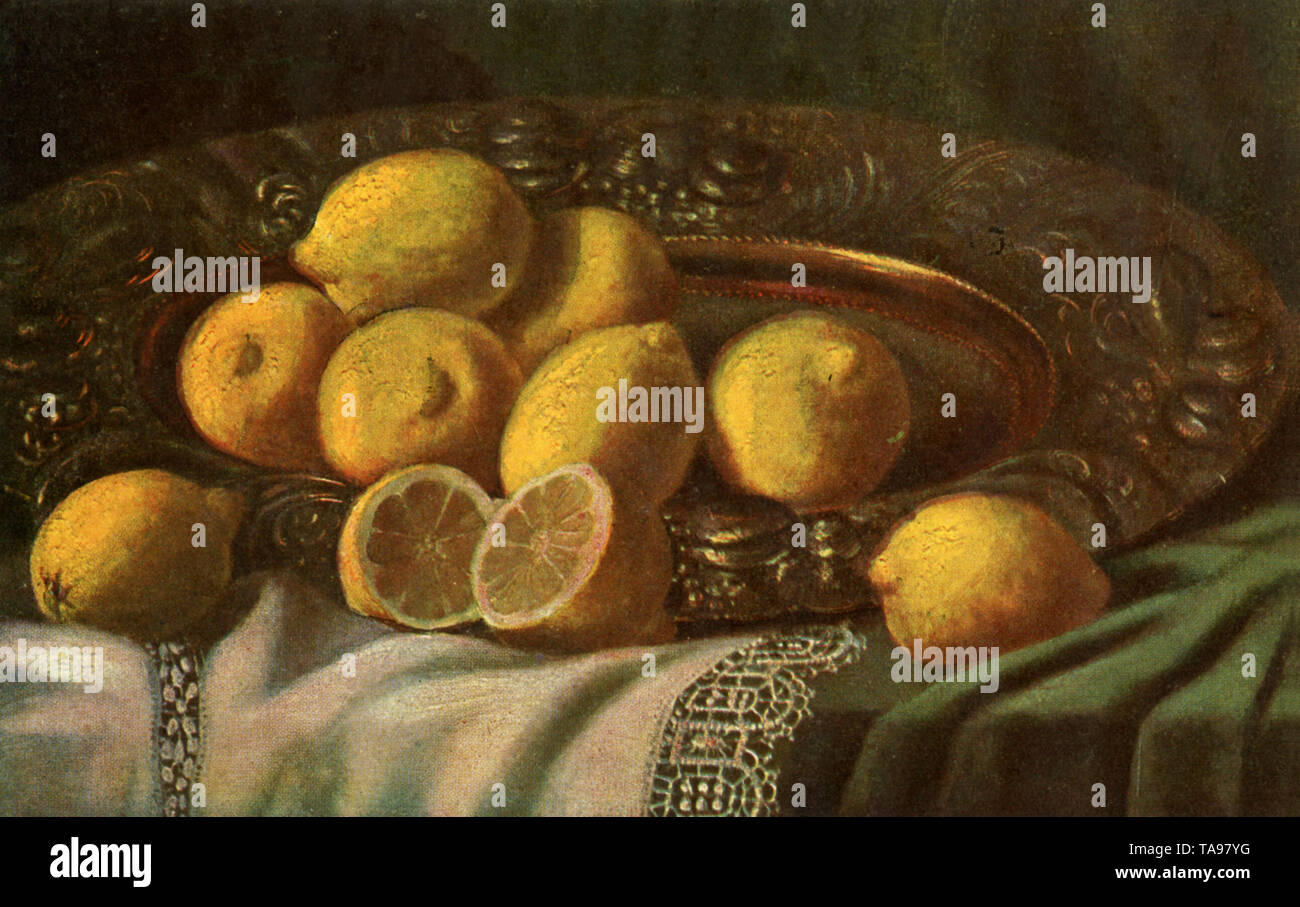 Lemons on a brass plate, still life , (postcard Stock Photo - Alamy