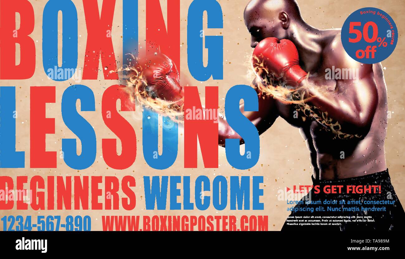 Boxing lessons poster with strong boxer throwing flame hook in 3d ...