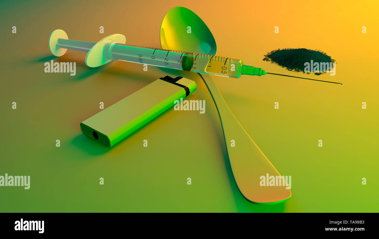 Heroin, cocaine, tools to get a dose of drugs. Syringe, lighter and ...