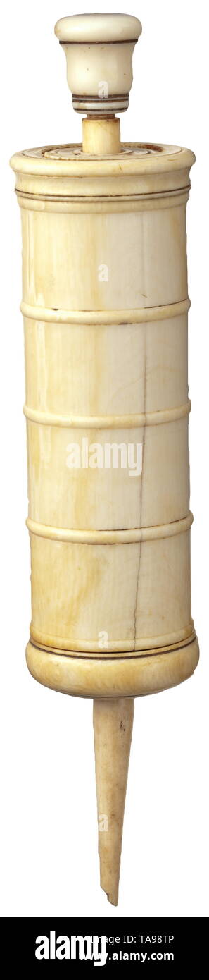 A German or Flemish ivory clyster syringe, 17th century Finely turned ...