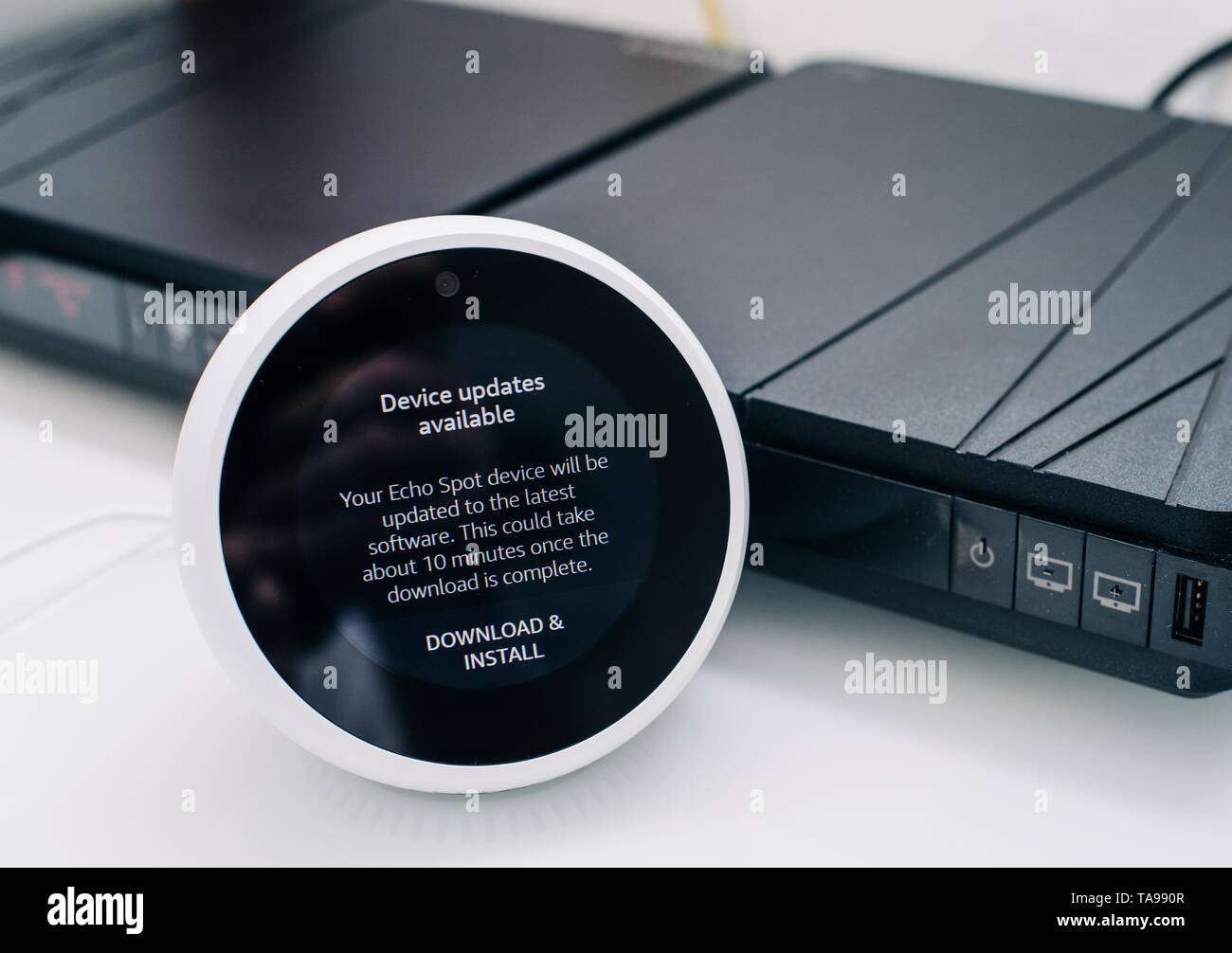 Paris, France - Apr 28, 2019: Installation of new Amazon Echo with ...