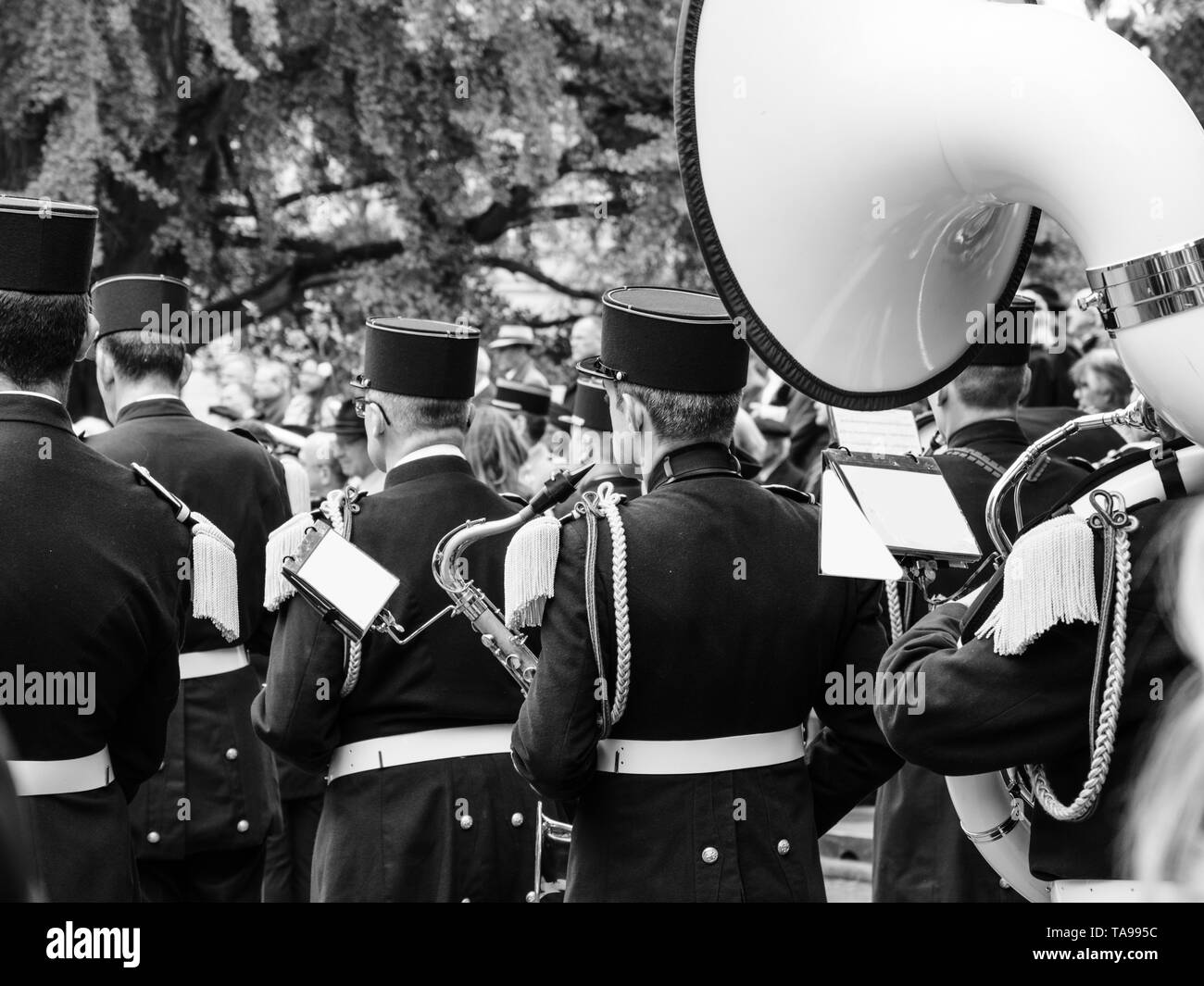Rear view of military orchestra at ceremony to mark Western allies ...